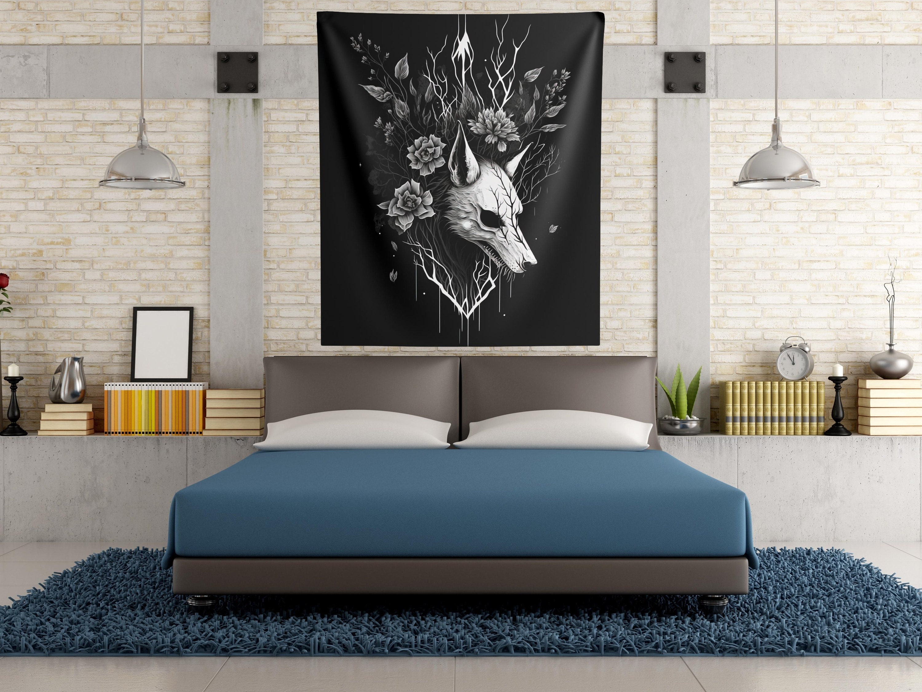 Goth Wolf Skull Deadly Nightshade Wall Tapestry, Gothic Wall Art, Witch ...