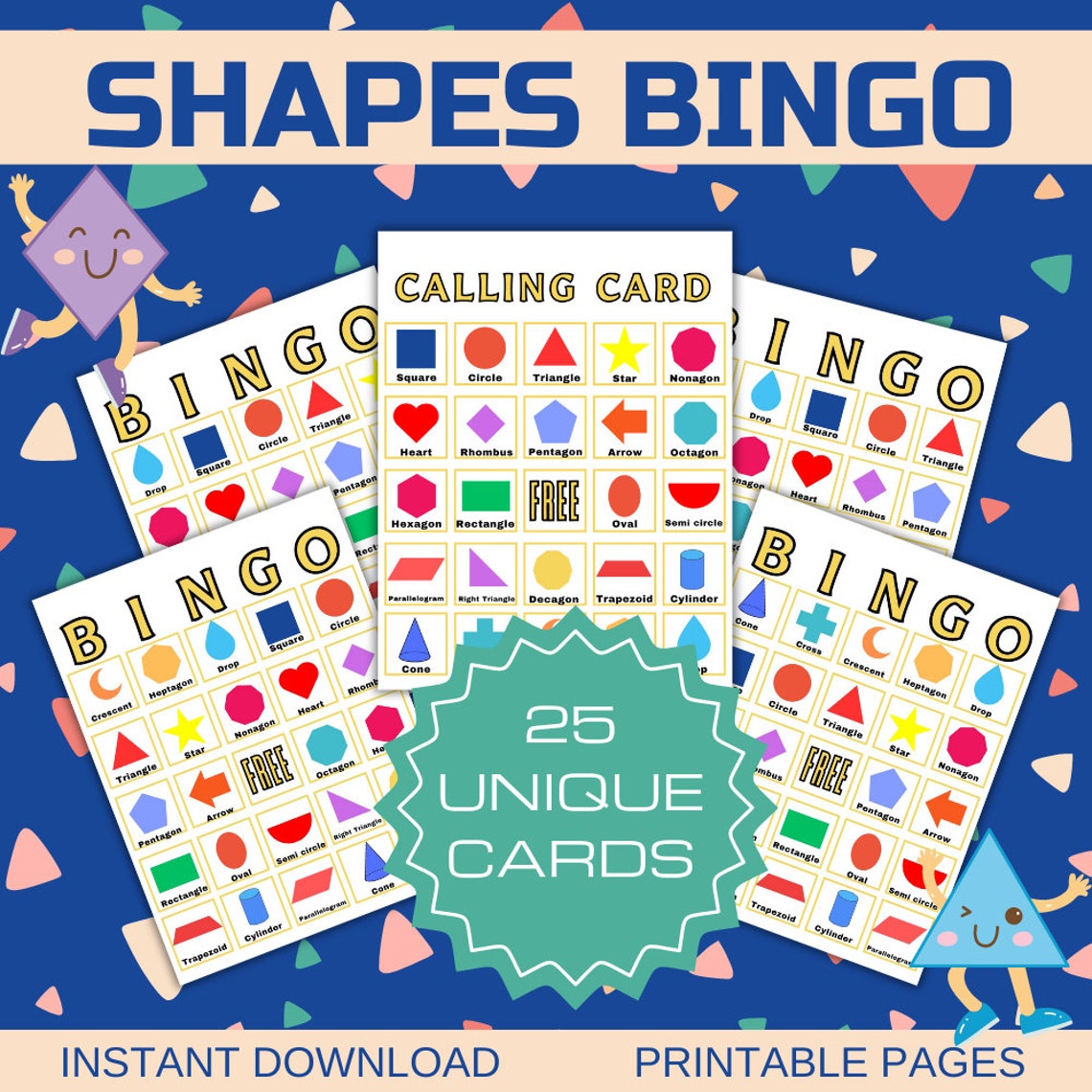 Shapes Bingo Cards Fun Activity for Toddlers and Kids Homeschool ...