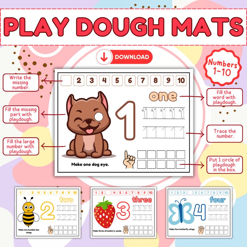 Play Dough Mats for Young Learners Numbers 1 to 10 Toddler Homeschool ...