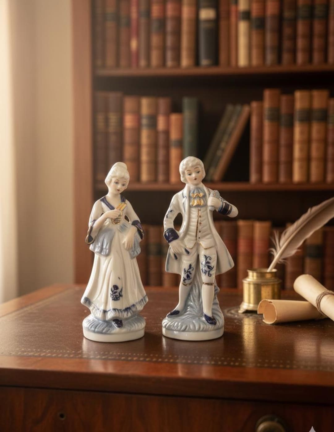 Vintage Colonial Couple Figurines Blue and White Porcelain Man & Woman ...