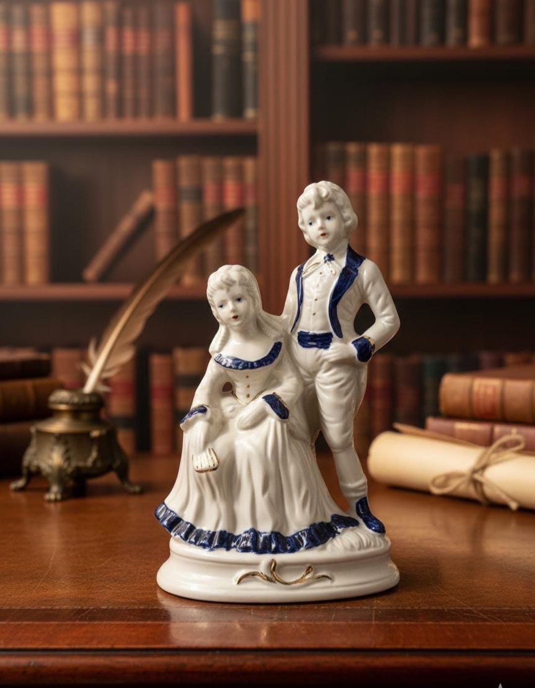 Vintage Colonial Couple Figurines Blue and White Porcelain Man & Woman ...