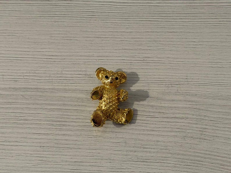 Vintage Gold Tone Metal Teddy Bear Brooch Pin Rhinestone Black Eyes ...