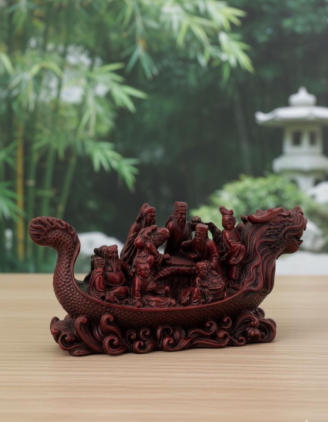 Vintage Chinese Red Resin Dragon Boat With 8 Immortal Gods Fortune ...