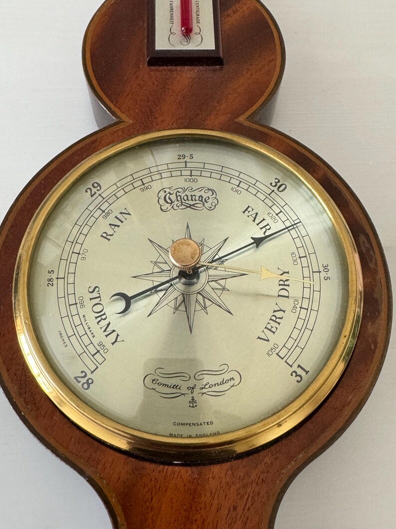 Vintage Comitti of London Aneroid Barometer Thermometer Mahogany Wood ...