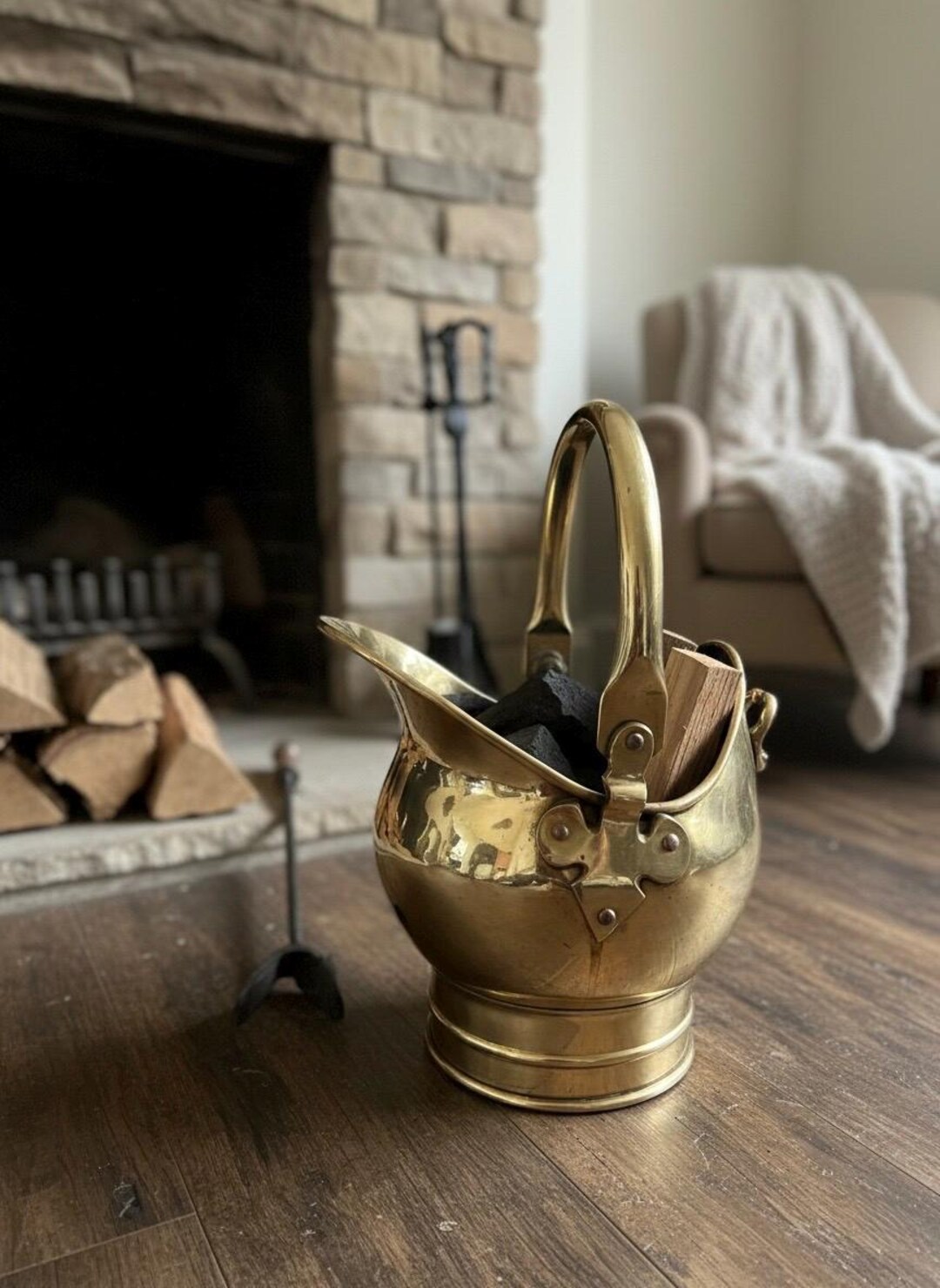 Vintage Brass Coal Scuttle Bucket Helmet Shape, Log Storage, Planter or ...