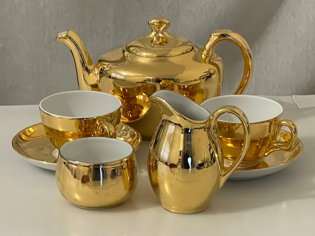 Vintage Royal Worcester Gold Lustre Pattern Tea Set, Teapot, Sugar Bowl ...