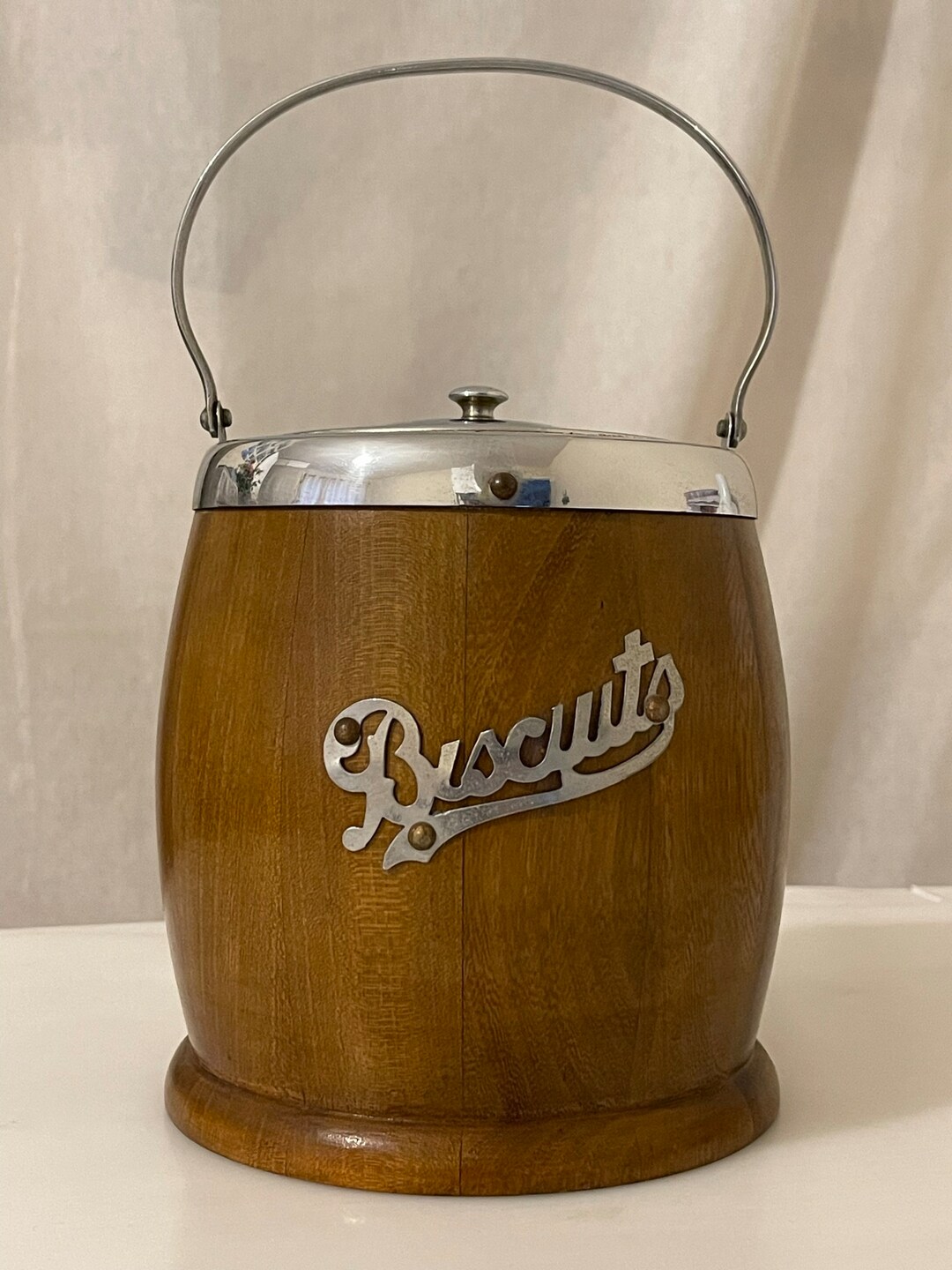 VTG Wooden Ice Bucket Biscuit Tea Barrel With Ceramic Liner Chrome ...