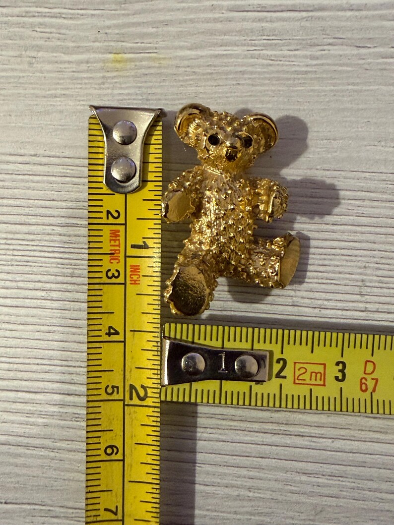 Vintage Gold Tone Metal Teddy Bear Brooch Pin Rhinestone Black Eyes ...