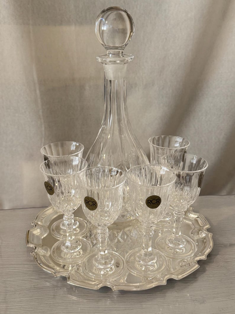 Vintage H Samuel RCR Italian Crystal Sherry Decanter & 6 Glasses ...