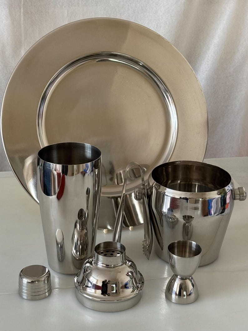 Vintage 5 Piece Cocktail Bar Set Shaker Ice Bucket Tray Tongs Measure ...