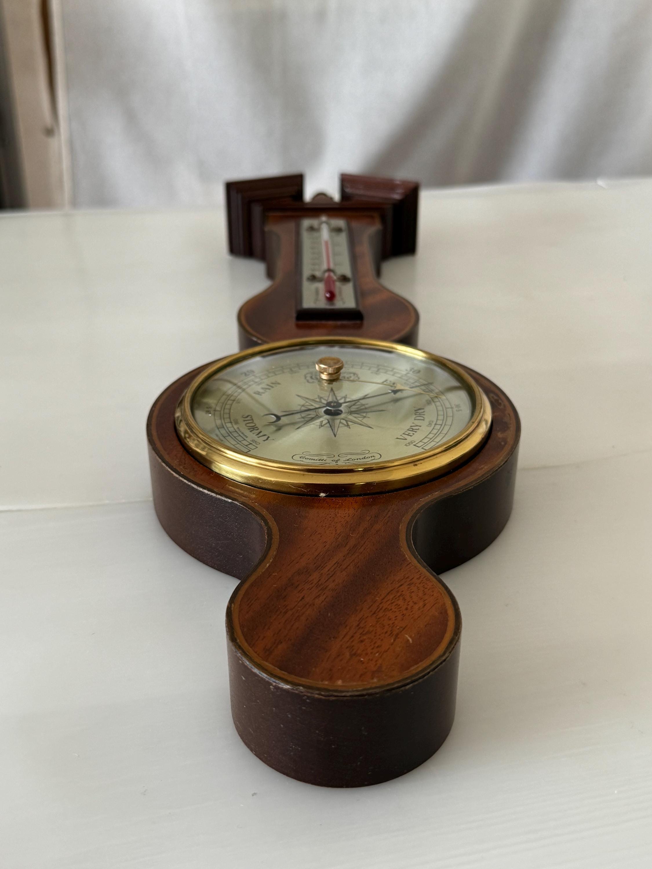 Vintage Comitti of London Aneroid Barometer Thermometer Mahogany Wood ...