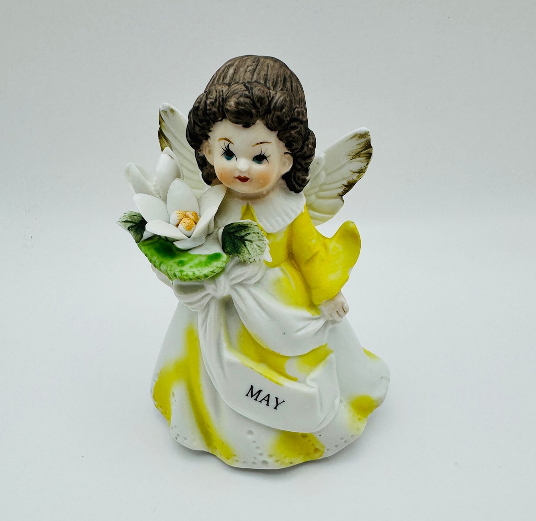 Vintage May Birthday Porcelain Angel - Yellow Angel With White Floral ...