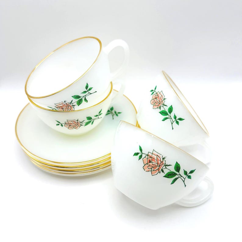Vintage Anchor Hocking Fire-king Anniversary Rose Teacups & Saucers in ...