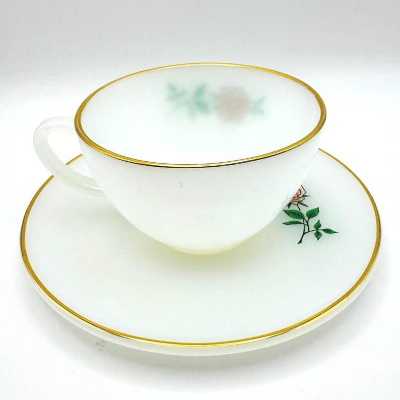 Vintage Anchor Hocking Fire-king Anniversary Rose Teacups & Saucers in ...