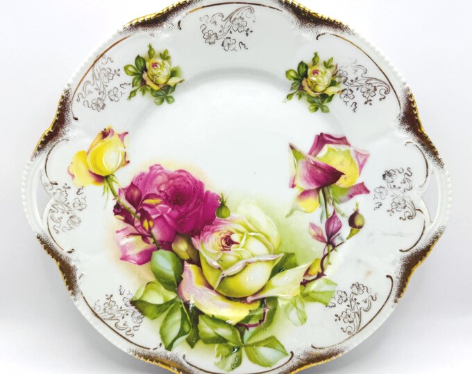 Beautiful Double Handled Cake Platter With Pink & Yellow Roses ...