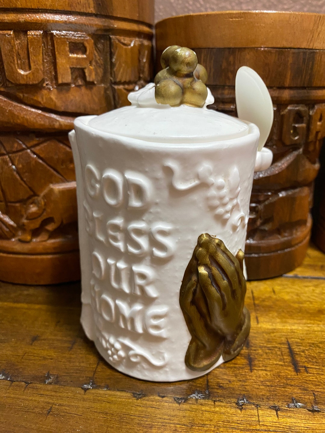 Vintage Enesco Coffee Canister, 1940s, With Spoon, God Bless Our Home ...