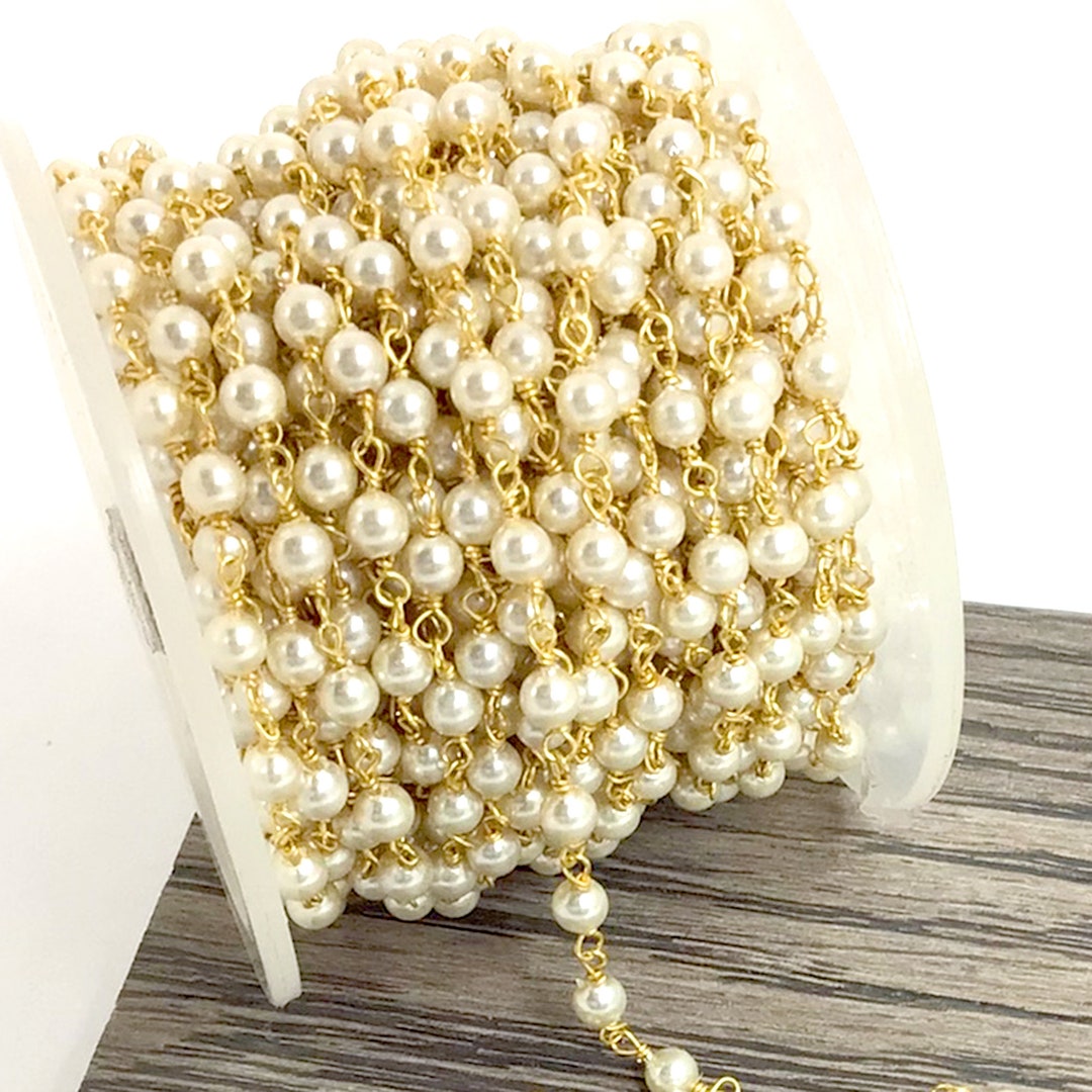 Pearl Wire Wrapped Beaded Chain - Gold Rosary Style Coiled Chain Sold ...