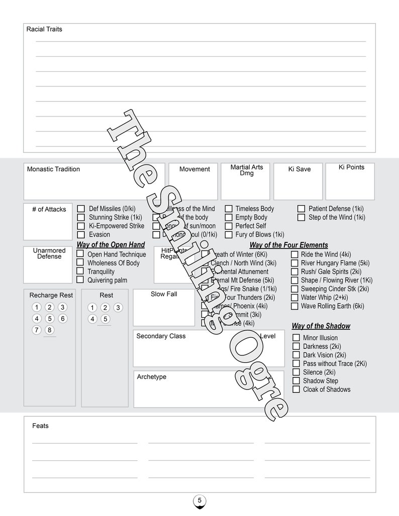 Monk Class-specific Character Record Sheets (PGF, Digital Download ...