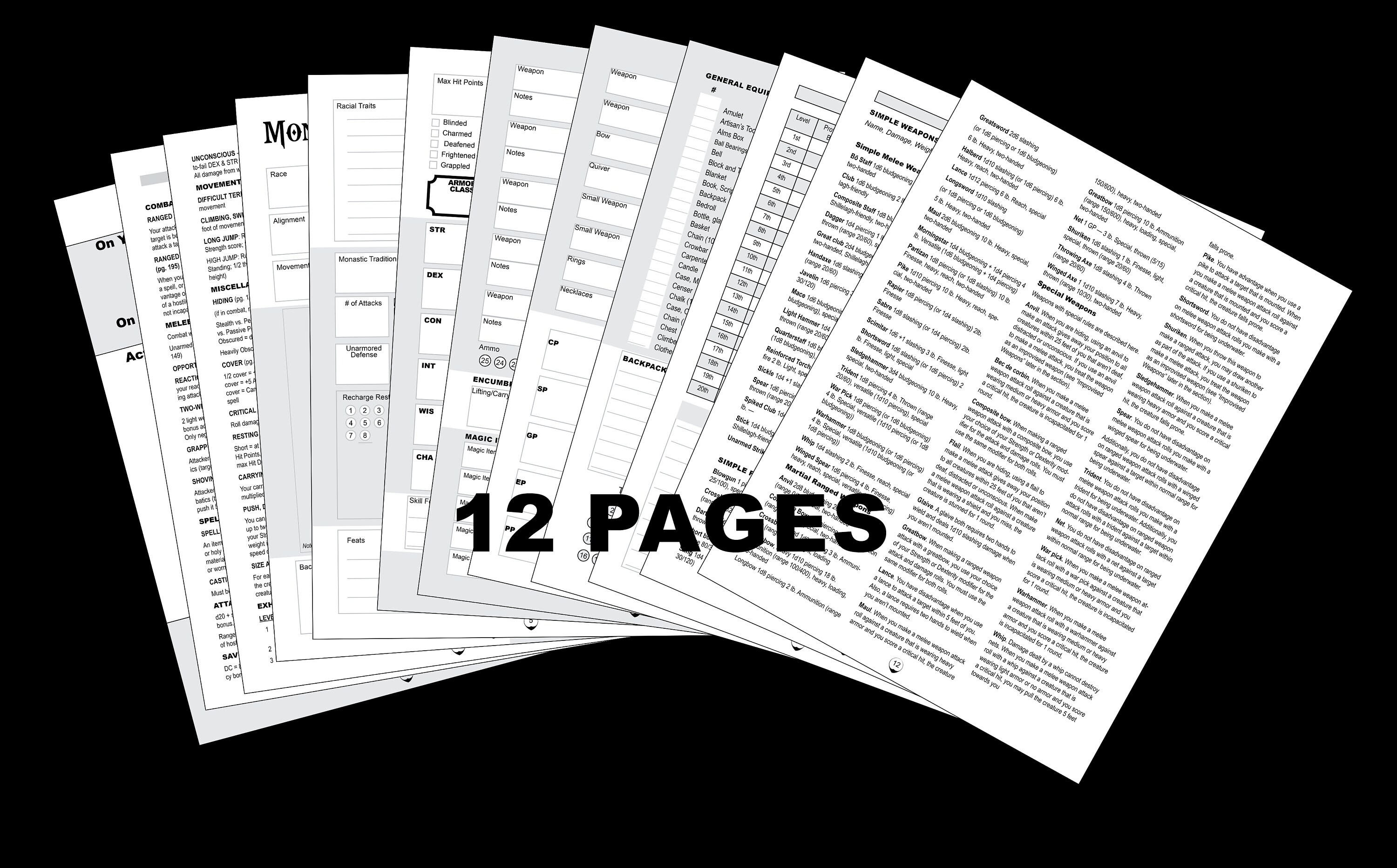 Monk Class-specific Character Record Sheets (PGF, Digital Download ...