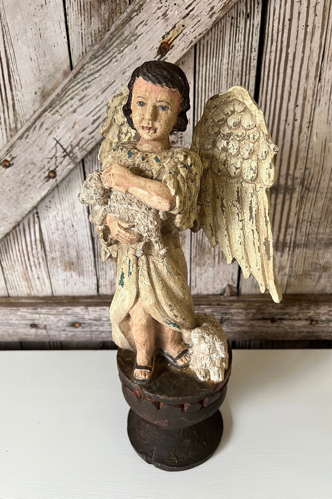 Large Standing Carved Distressed Painted Angel Shepherd Lamb Figure - Etsy