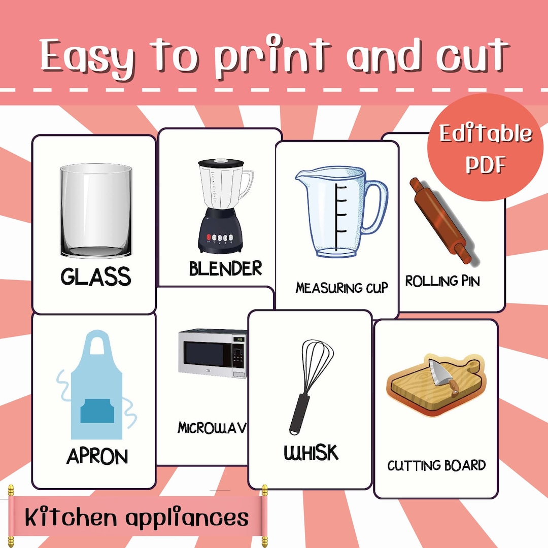 24 Kitchen Editable Flashcards, Flashcards for Kids Nomenclature Cards ...