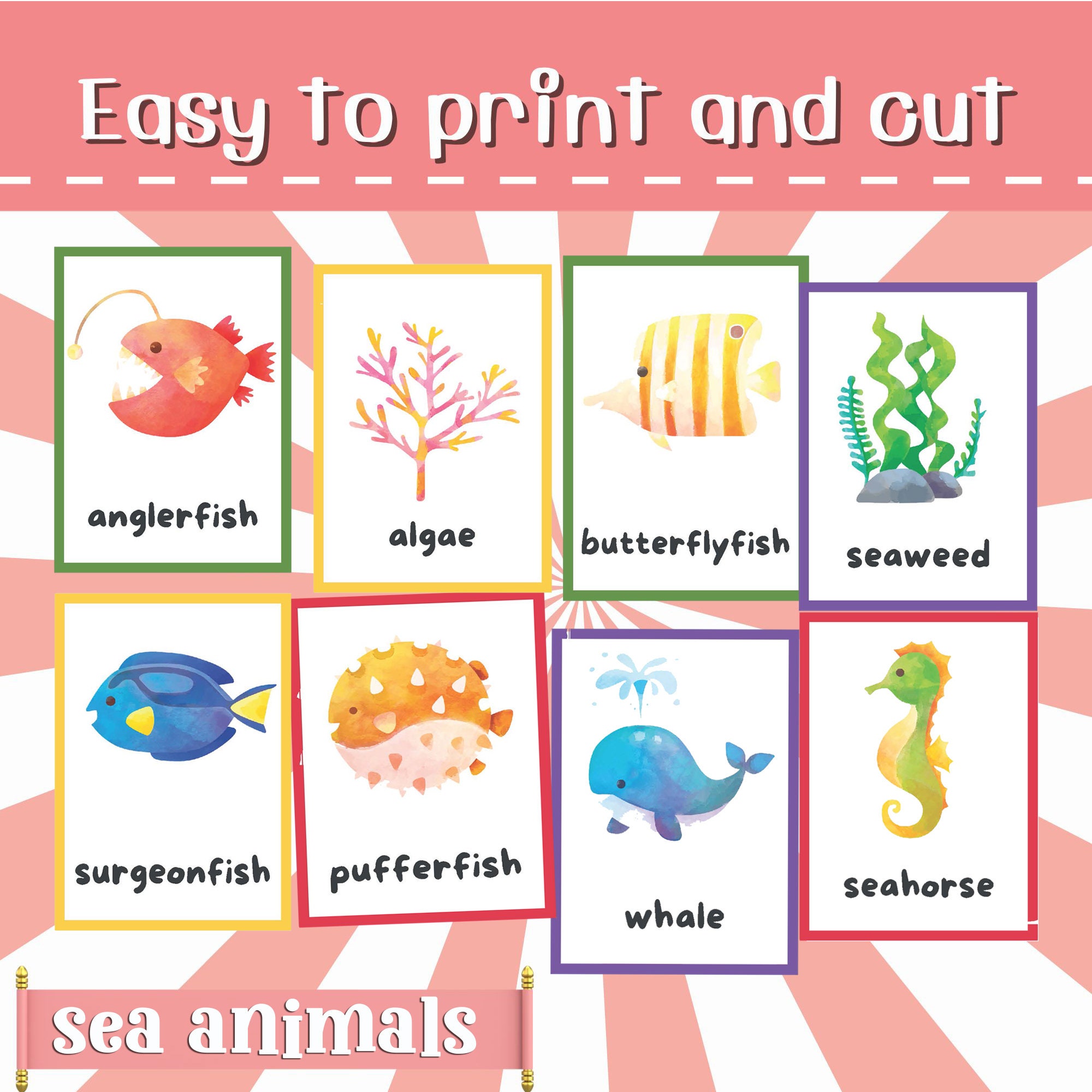OCEAN ANIMALS and 18 English Editable Flashcards Montessori Cards Flash ...