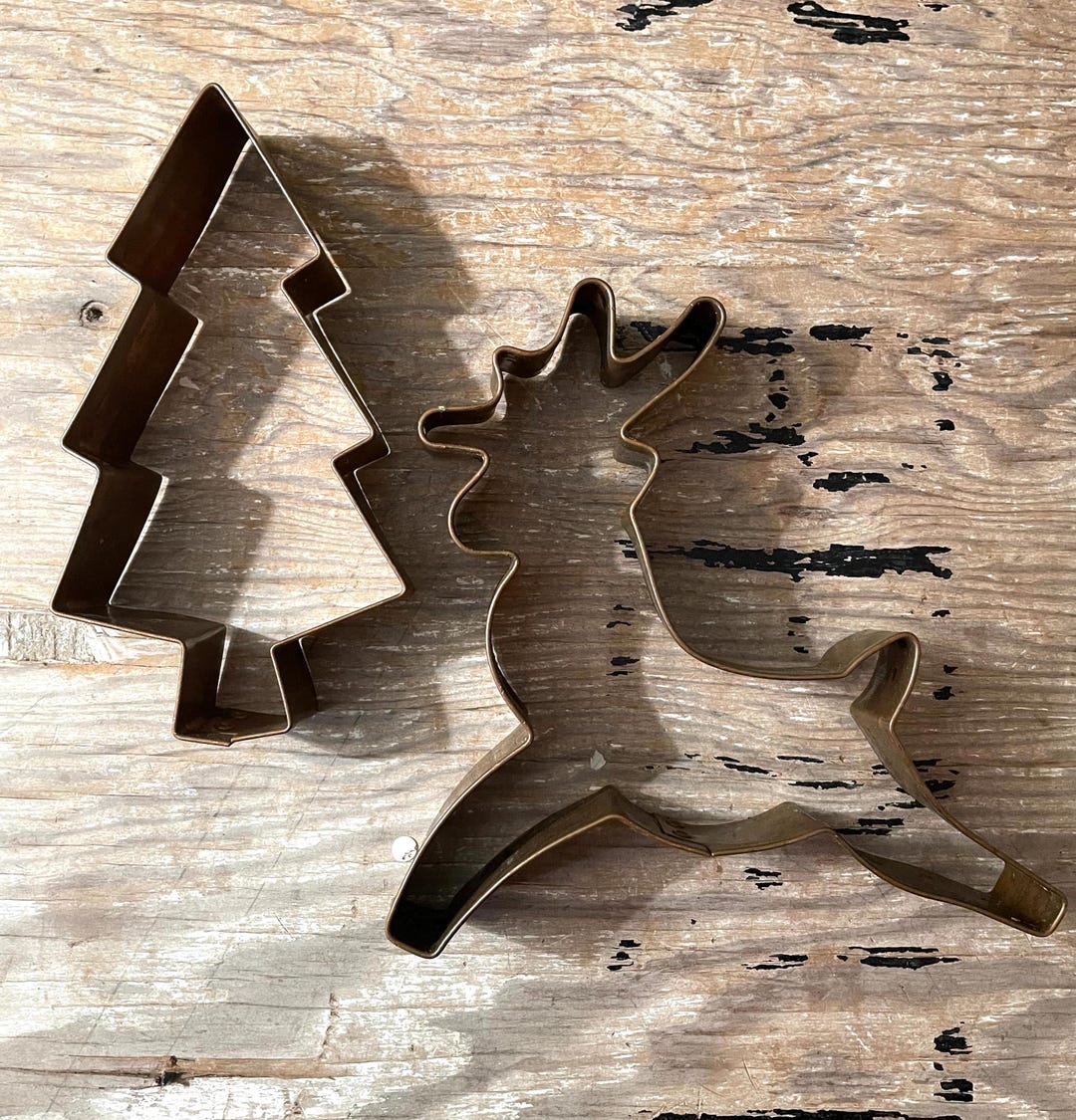 2 Vintage Heavy Gauge Copper Cookie Cutters Reindeer Christmas Tree Set ...