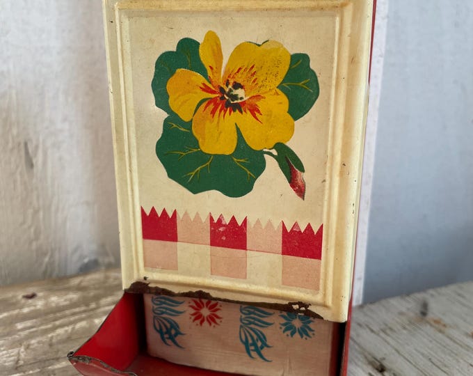 Vintage Metal Matchbox Holder - Yellow Flower and Red - Wall Mount ...