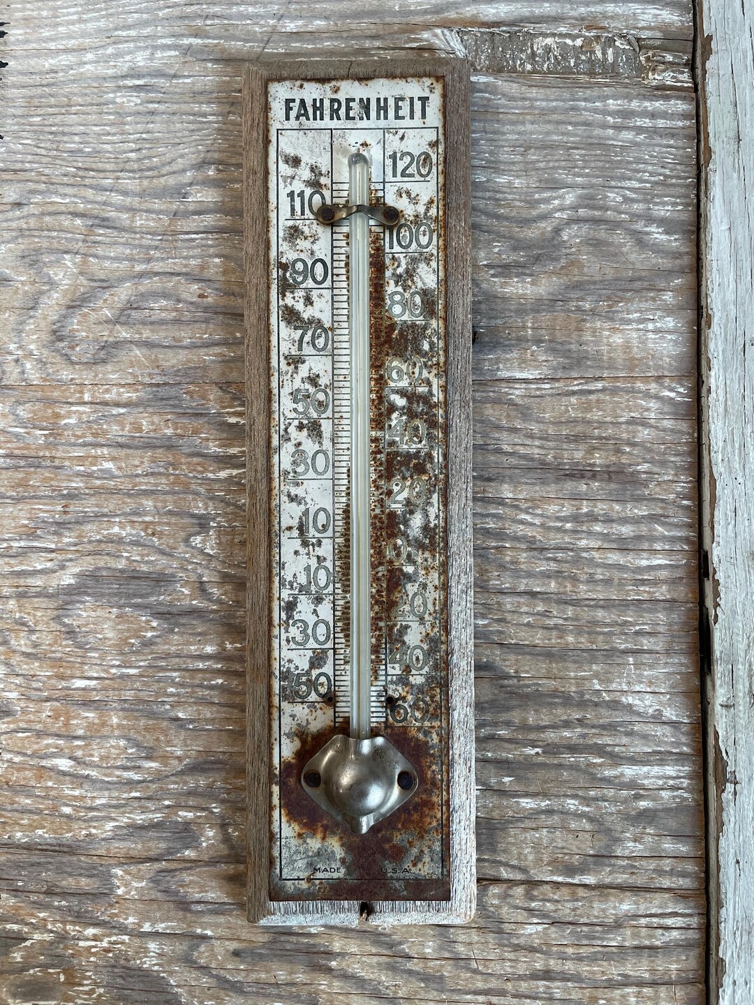Vintage Rustic Wall Thermometer - Weathered Wood and Metal - Farmhouse ...