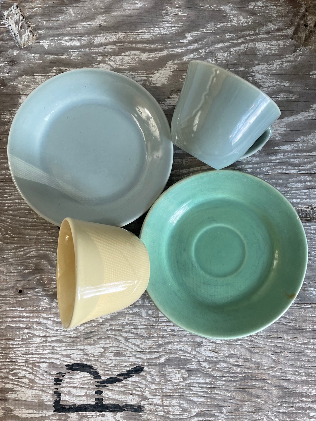 Vintage Bauer Pottery - 2 Cups and 2 Plates - Mismatched Colorful USA ...