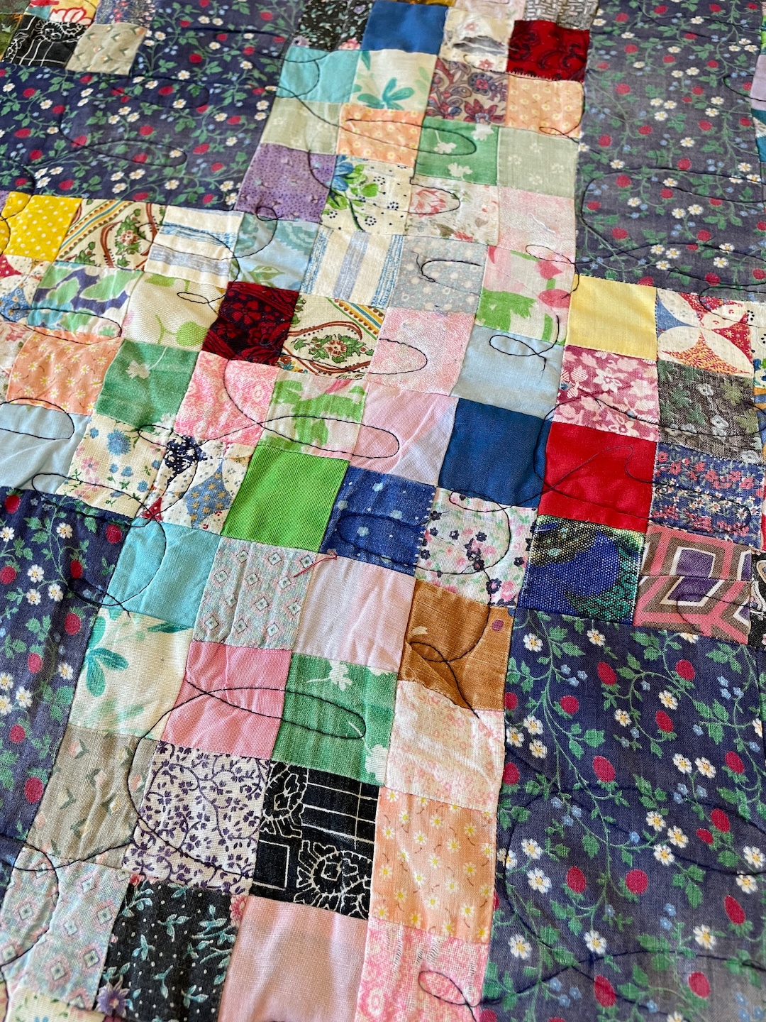 Vintage Patchwork Quilt Handmade Colorful Quilt Bright Florals and Blue ...