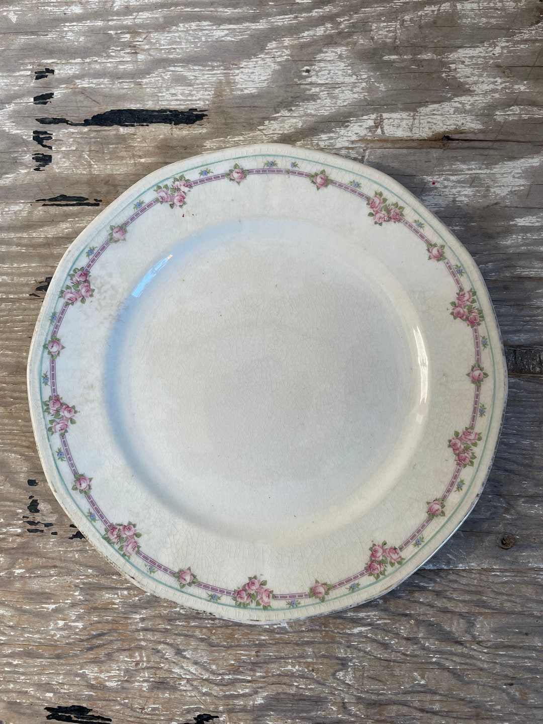 Vintage Pink Floral Ironstone Plate - Crazing and Staining - Thick ...