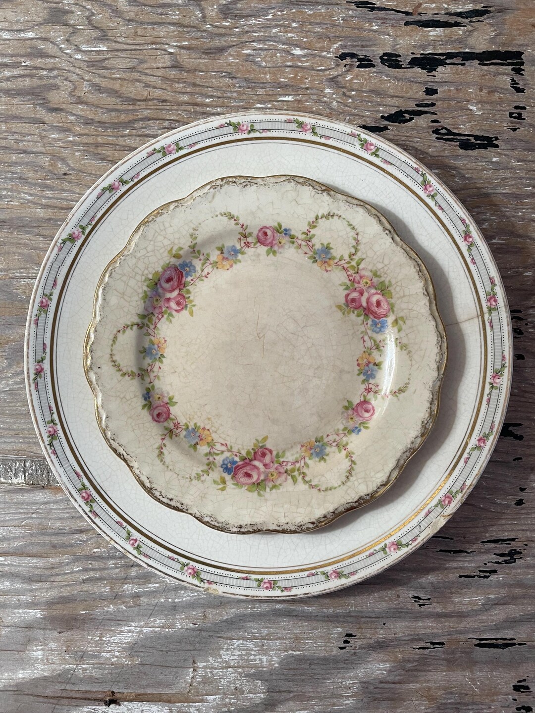 2 Vintage Floral Stained Plates - Set of 2 Mismatched Ironstone Plates ...
