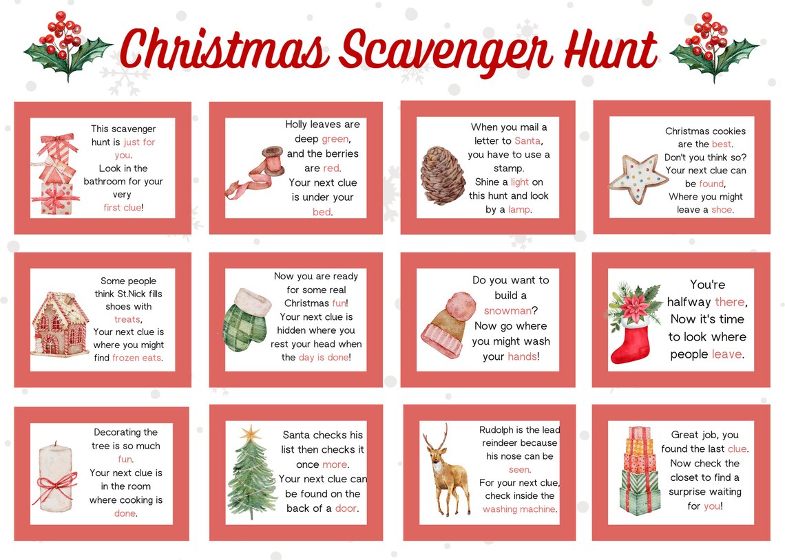 Christmas Scavenger Hunt, Printable Treasure Hunt, Indoor Kids Activity ...