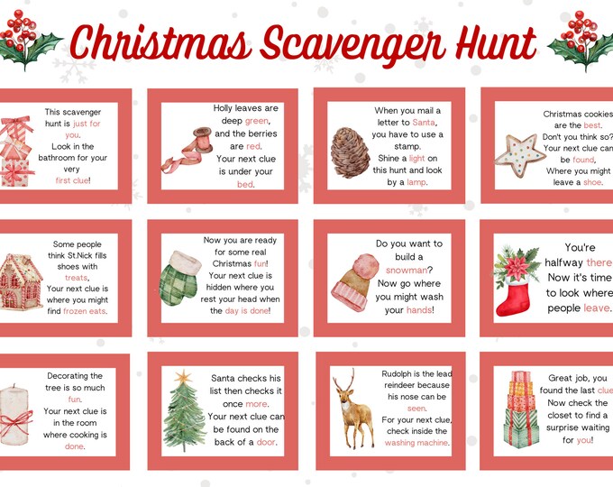 Christmas Scavenger Hunt Printable, Christmas Treasure Hunt Clues ...