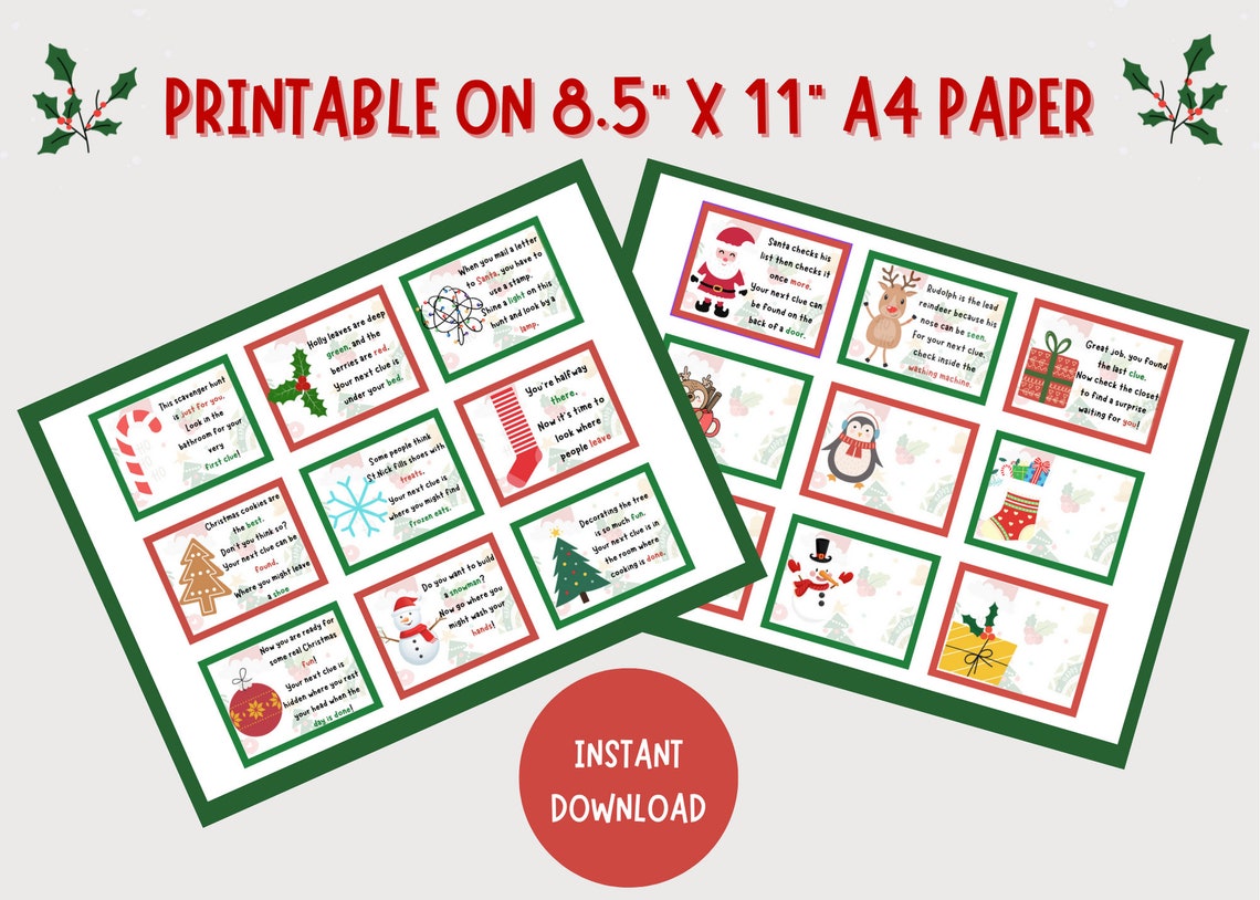 Christmas Scavenger Hunt Printable, Christmas Treasure Hunt Clues ...