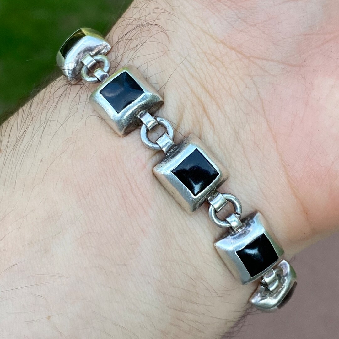 Vintage Onyx Inlay Sterling Silver Square Link Chain Toggle Bracelet ...