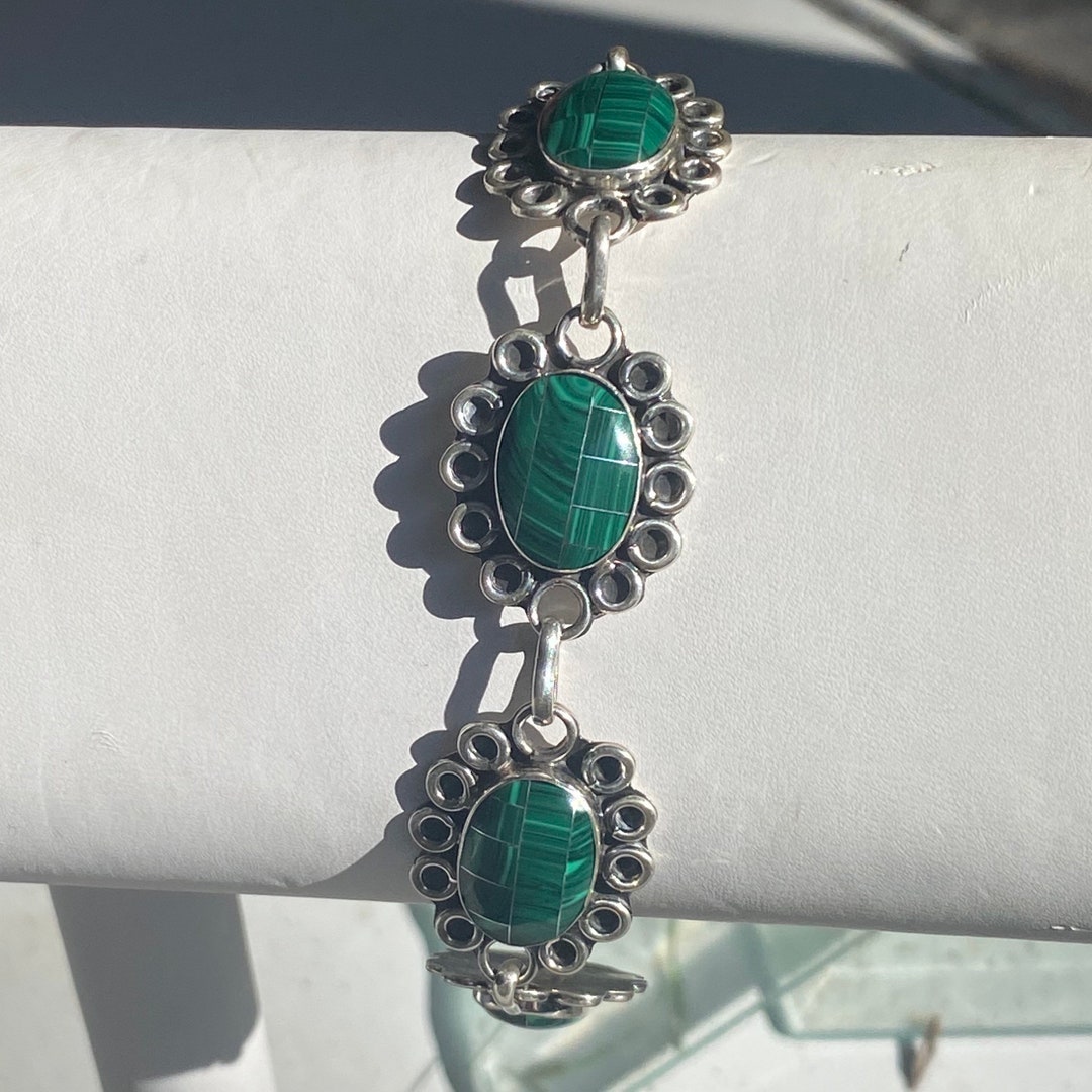 Vintage Green Malachite Inlay Sterling Silver Flower Bracelet - 7.5 ...