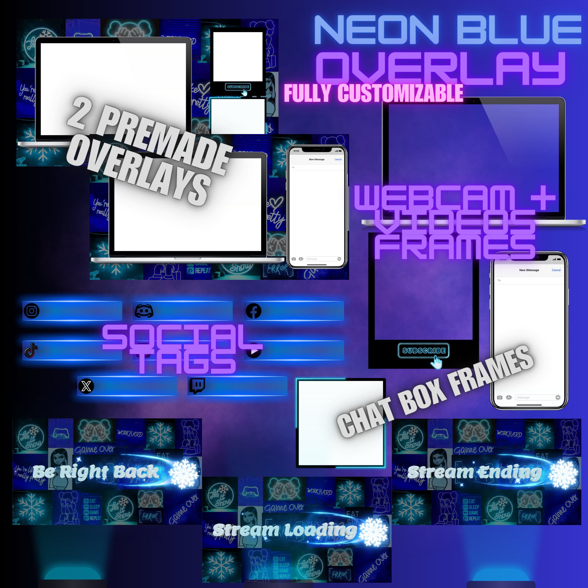 Neon Blue Gamer Girl Stream Overlay - Etsy