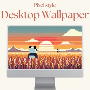 Cute Panda Pixel Art Desktop Wallpaper - Pandas in a Sunset Wheatfield ...