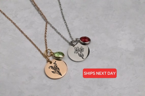 Birth Flower Necklace Birthstone Custom Gift Engraved Birth - Etsy