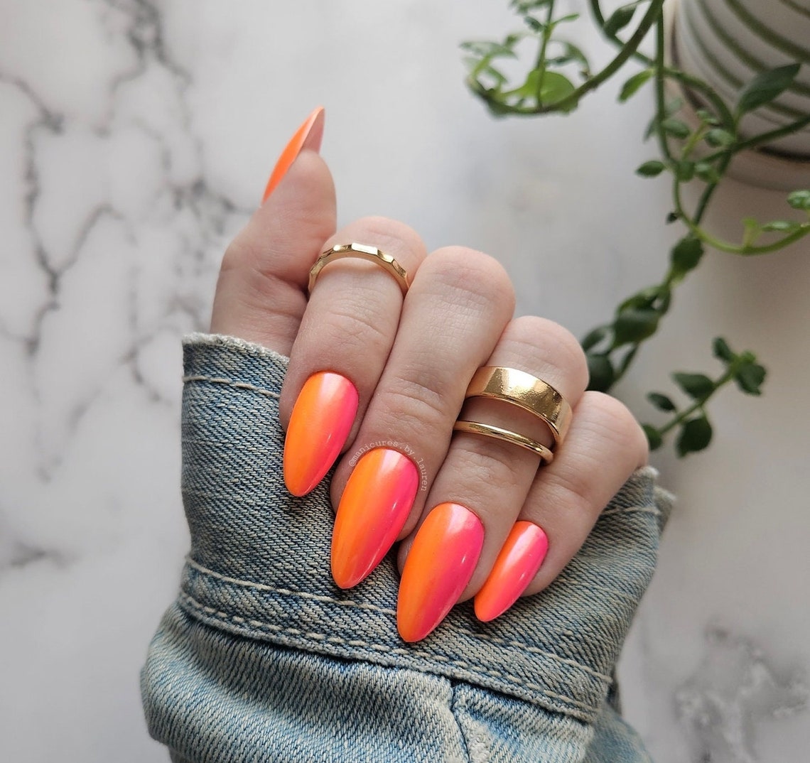 Pink and Orange Glazed Ombre Chrome Press on Nail Set - Etsy