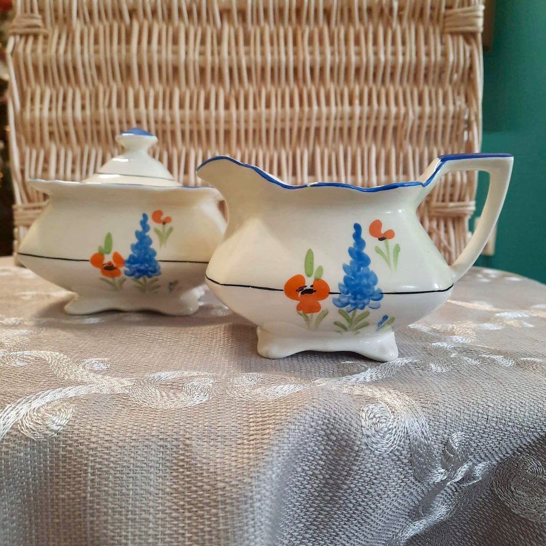 Vintage 1930s Myott Pottery Milk Jug and Sugar Bowl/ English Cream and ...