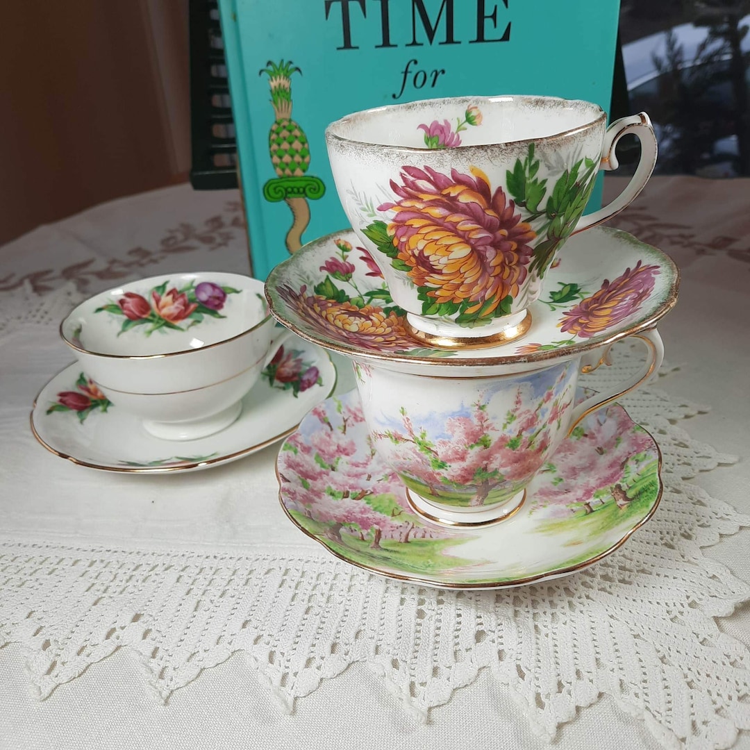 3 Vintage Floral China Tea Cups/ Vintage China Tea Set/ Floral China ...