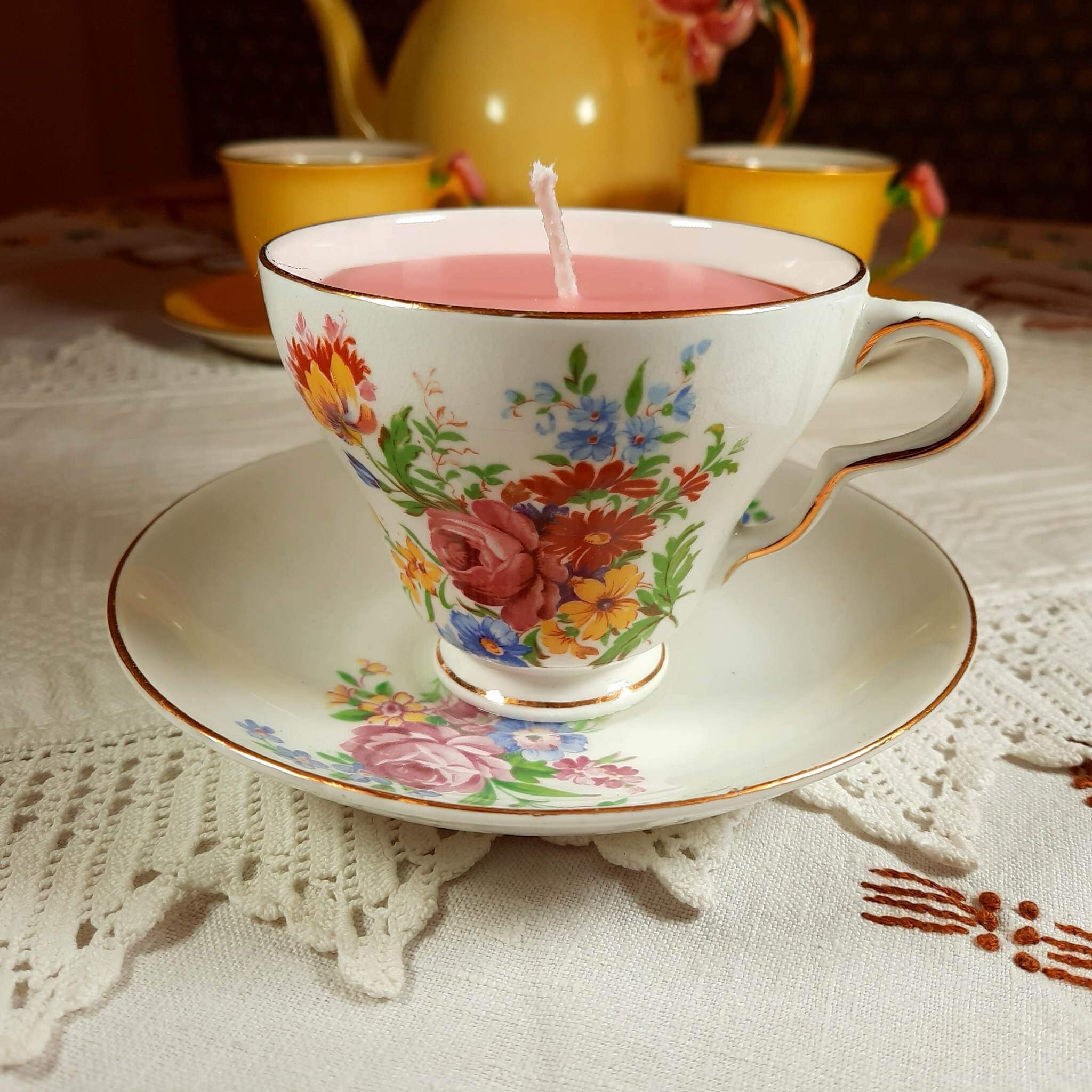 Two Tea Cup Candles / Vintage Tea Cup Candles/ Lemon Scented Candle ...