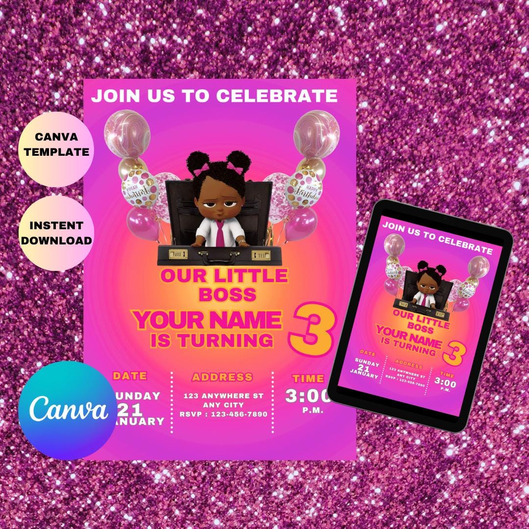 Editable Black Girl Baby Boss Girl Birthday Invitation | Boss Baby ...