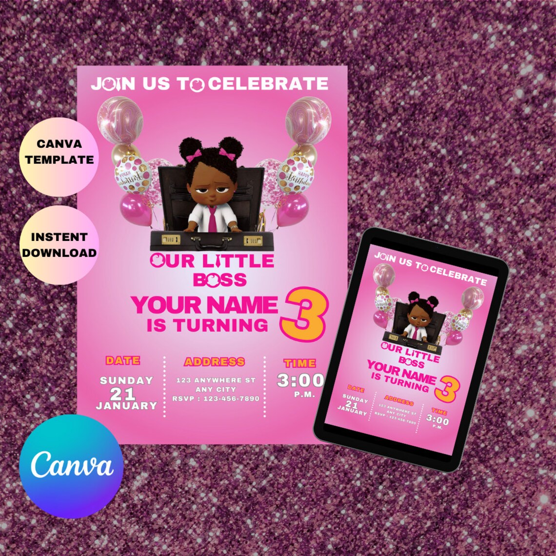 Editable Black Girl Baby Boss Girl Birthday Invitation Boss Baby Party ...