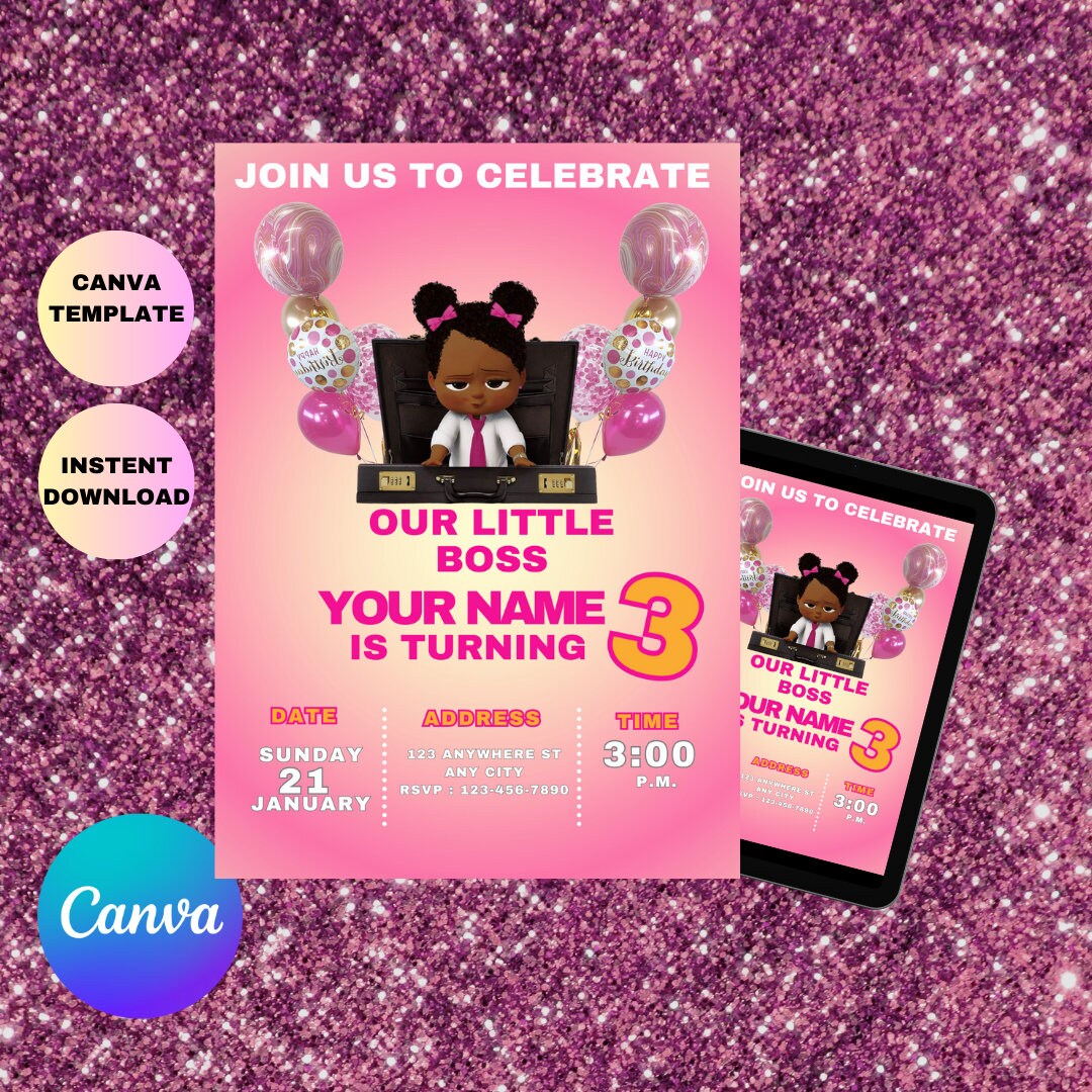 Editable Black Girl Baby Boss Girl Birthday Invitation | Boss Baby ...
