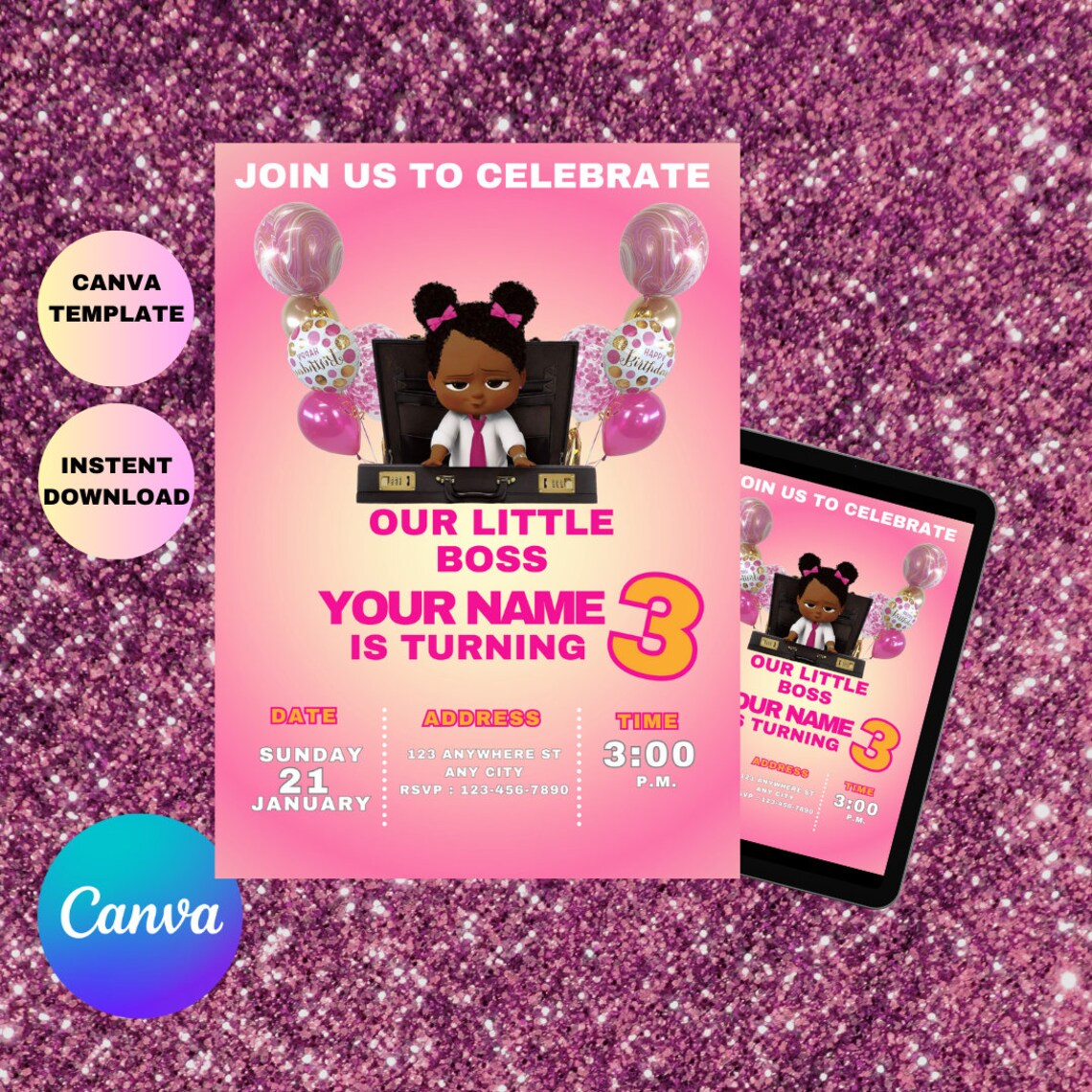 Editable Black Girl Baby Boss Girl Birthday Invitation | Boss Baby ...