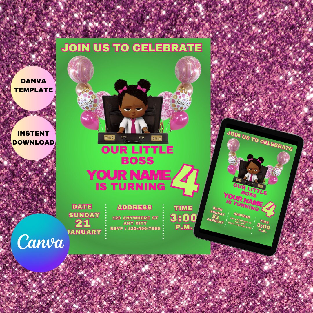 Editable Black Girl Baby Boss Green Birthday Invitation Boss Baby Party ...